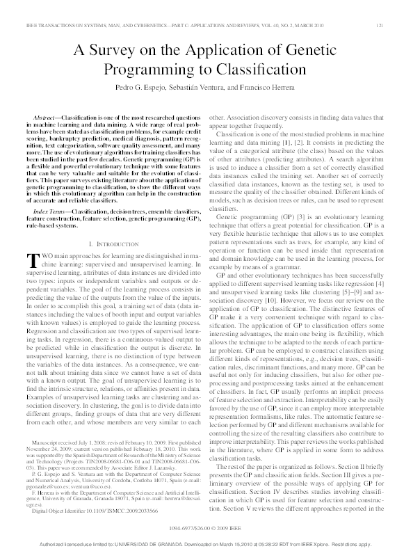 (PDF) A survey on the application of genetic programming to classification