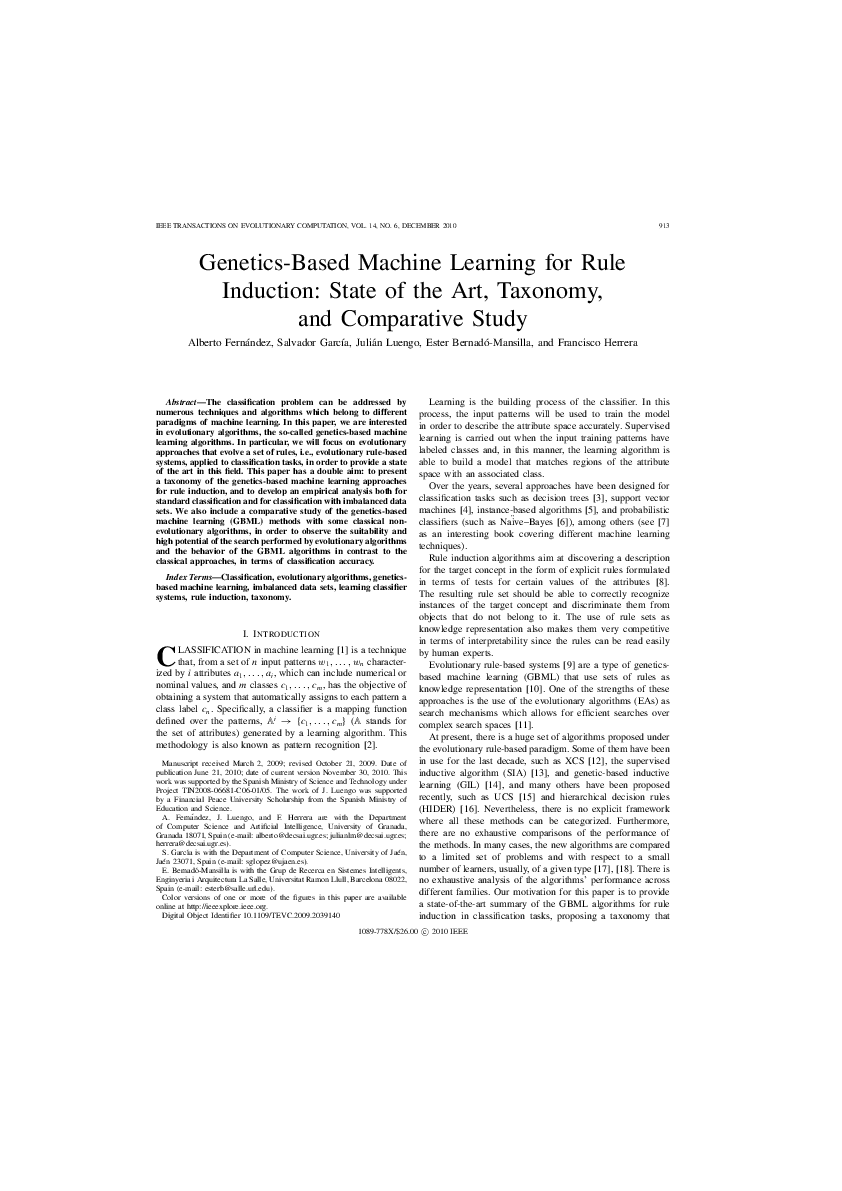 Pdf Genetics Based Machine Learning For Rule Induction State Of The Art Taxonomy And