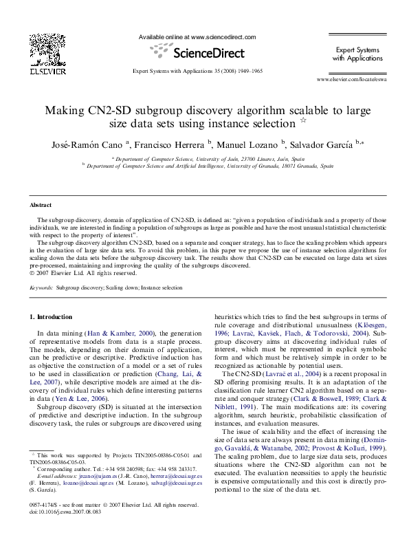 (PDF) Making CN2-SD subgroup discovery algorithm scalable to large size data sets using instance ...