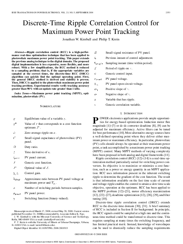(PDF) Discrete-time ripple correlation control for maximum power point tracking