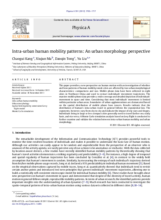 Pdf Intra Urban Human Mobility Patterns An Urban Morphology Perspective