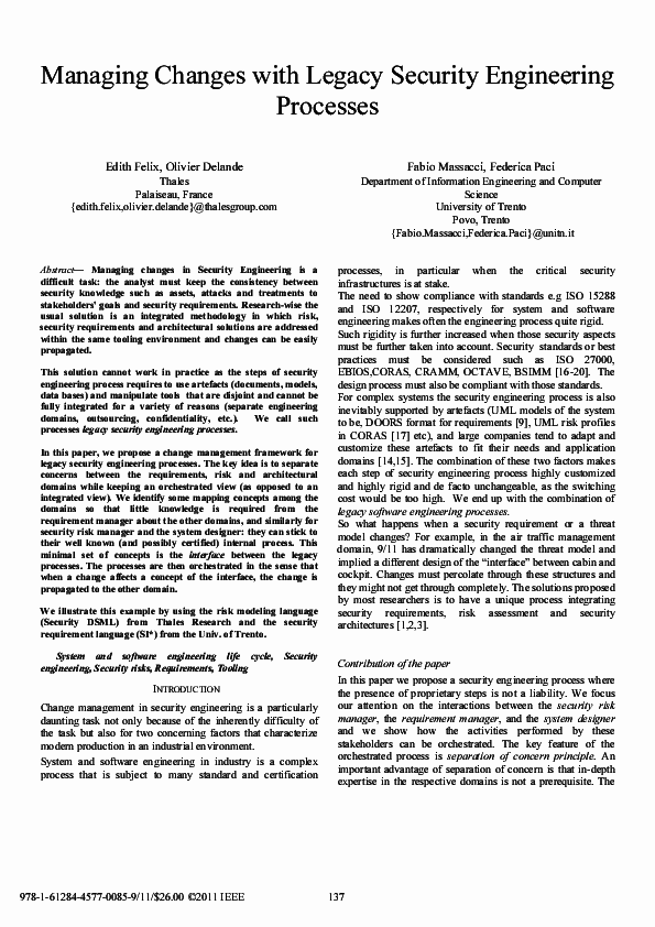 (PDF) Managing changes with legacy security engineering processes