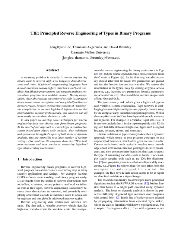 (PDF) TIE: Principled reverse engineering of types in binary programs