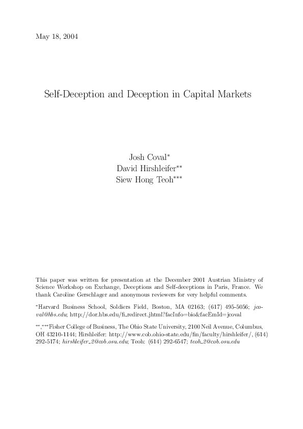 (PDF) Self-deception and deception in capital markets