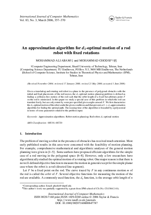 (PDF) An approximation algorithm for d 1-optimal motion of a rod robot with fixed rotations