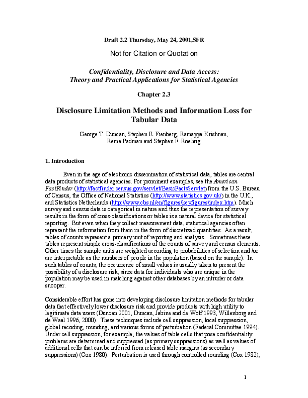 (PDF) Disclosure limitation methods and information loss for tabular data