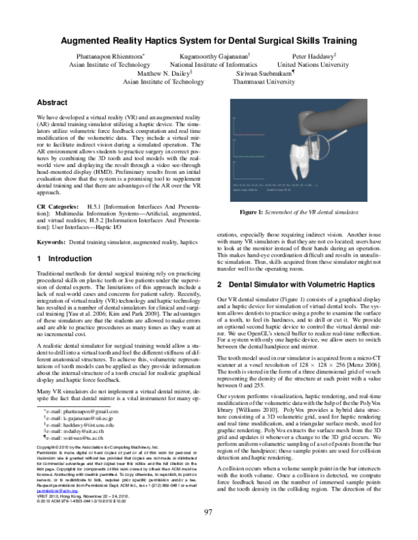 (PDF) Augmented reality haptics system for dental surgical skills training