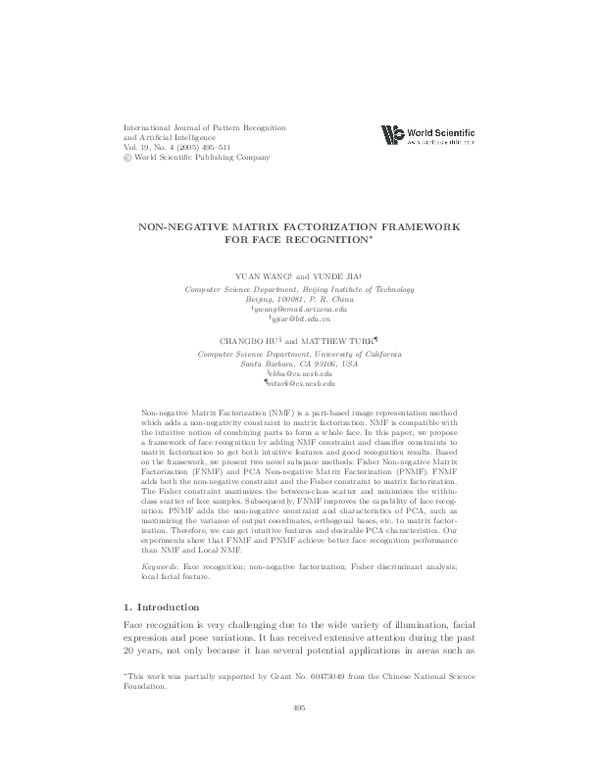 Pdf Non Negative Matrix Factorization Framework For Face Recognition Matthew Turk