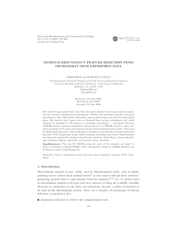 Pdf Minimum Redundancy Feature Selection From Microarray Gene