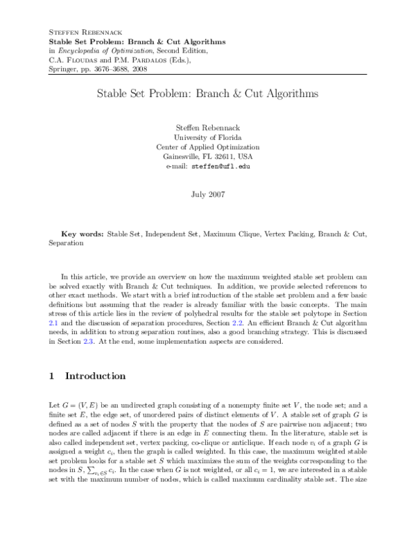 (PDF) Stable set problem: branch & cut algorithms
