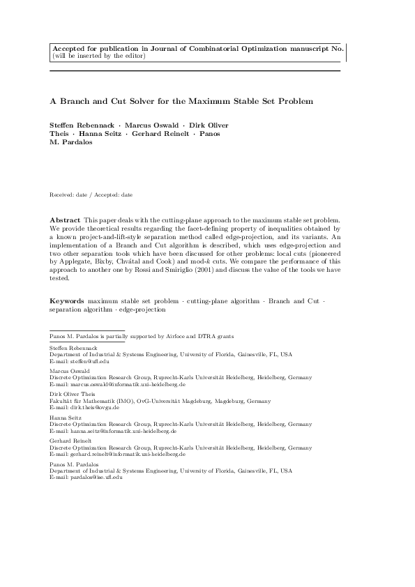 (PDF) A Branch and Cut solver for the maximum stable set problem