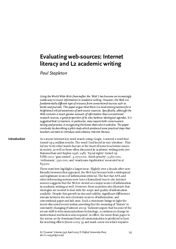 (PDF) Evaluating web-sources: Internet literacy and L2 academic writing