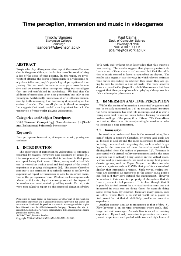 (PDF) Time perception, immersion and music in videogames