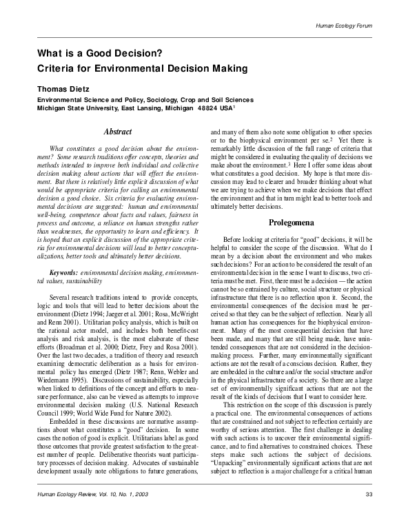 (PDF) What is a good decision? Criteria for environmental decision making