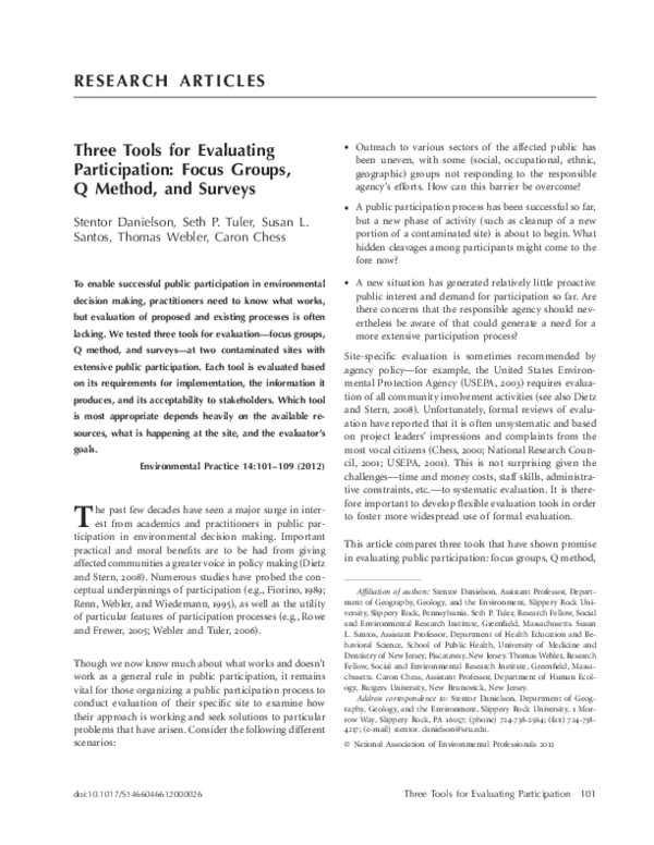 (PDF) Three Tools for Evaluating Participation: Focus Groups, Q Method ...