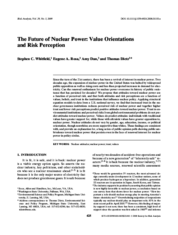 (PDF) The future of nuclear power: Value orientations and risk perception