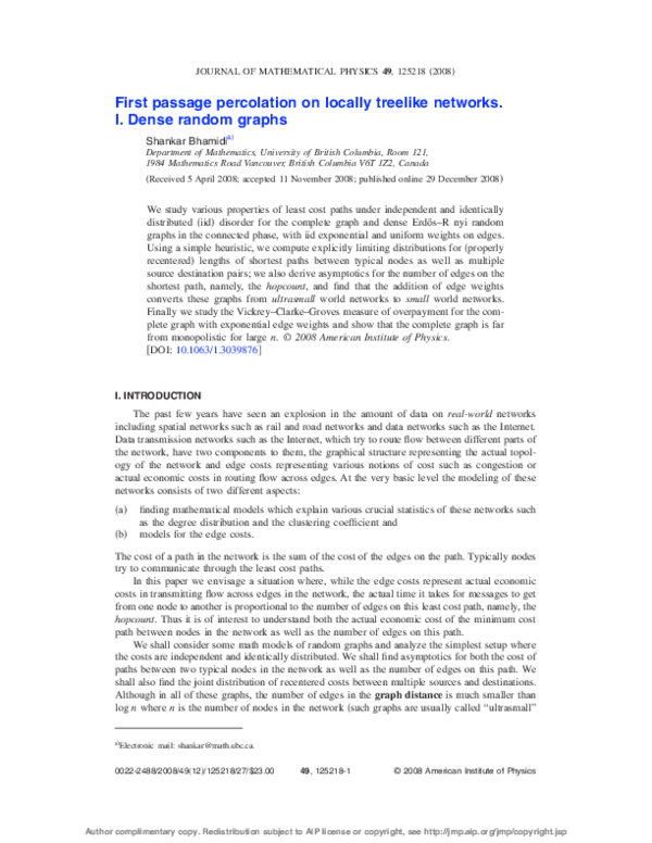 (PDF) First passage percolation on locally treelike networks. I. Dense random graphs