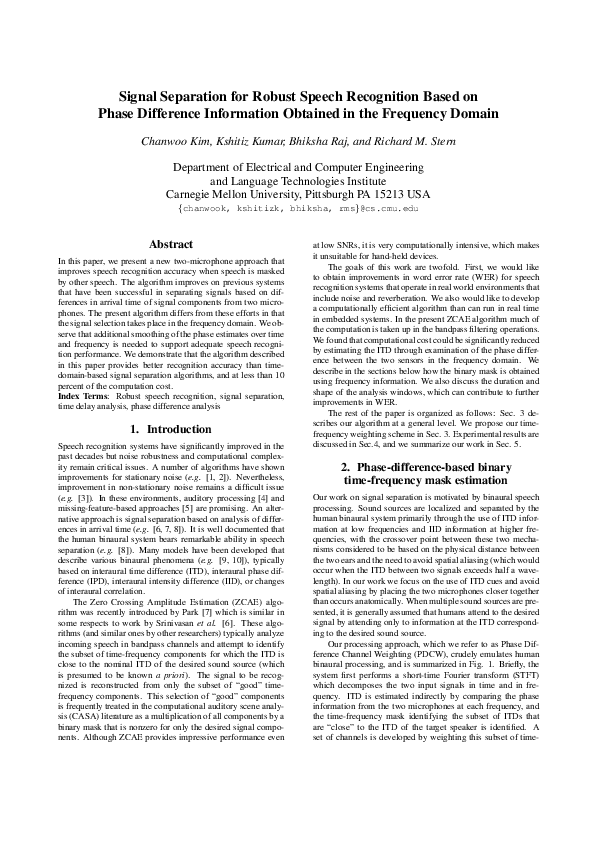 (PDF) Signal separation for robust speech recognition based on phase difference information ...