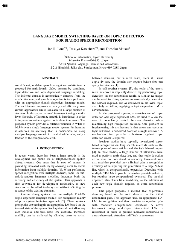 Pdf Language Model Switching Based On Topic Detection For Dialog