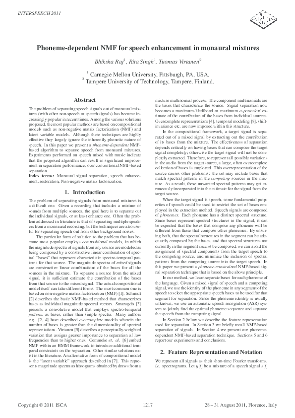 (PDF) Phoneme-dependent NMF for speech enhancement in monaural mixtures