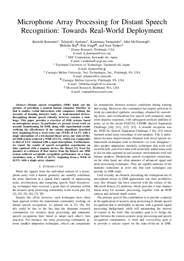 Pdf Microphone Array Processing For Distant Speech Recognition Towards Real World Deployment