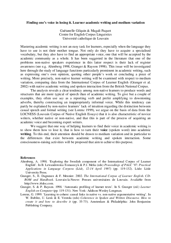(PDF) Finding one’s voice in losing it. Learner academic writing and ...