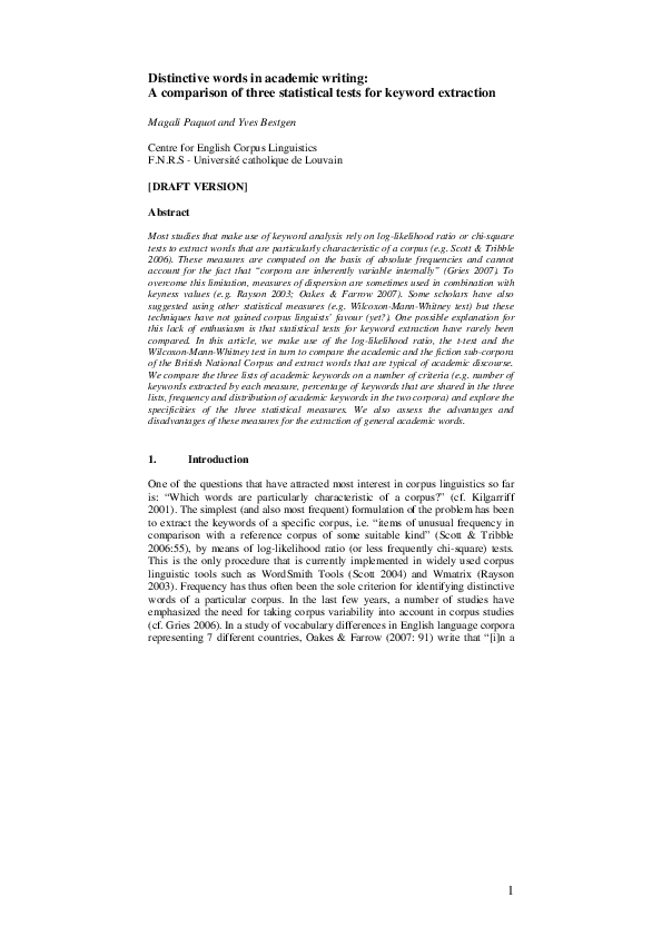 Pdf Distinctive Words In Academic Writing A Comparison Of Three Statistical Tests For Keyword