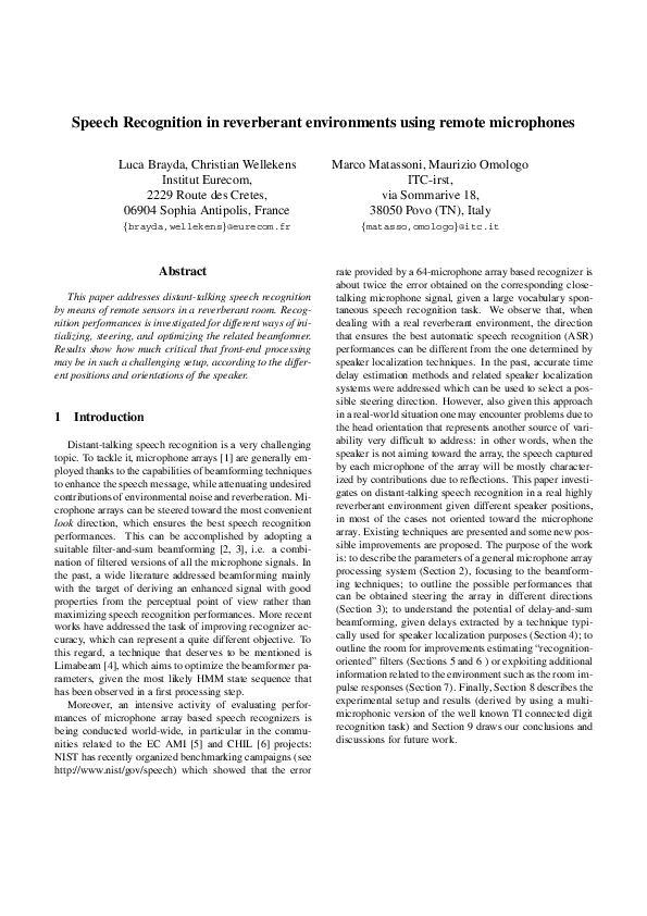 (PDF) Speech Recognition in reverberant environments using remote microphones