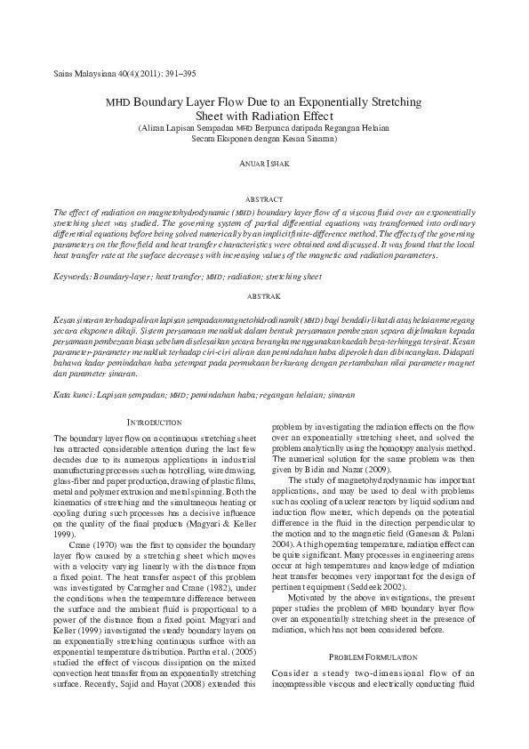 Pdf Mhd Boundary Layer Flow Due To An Exponentially Stretching Sheet With Radiation Effect