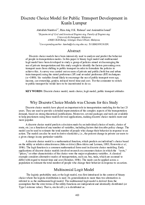 (PDF) Discrete Choice Model for Public Transport Development in Kuala ...