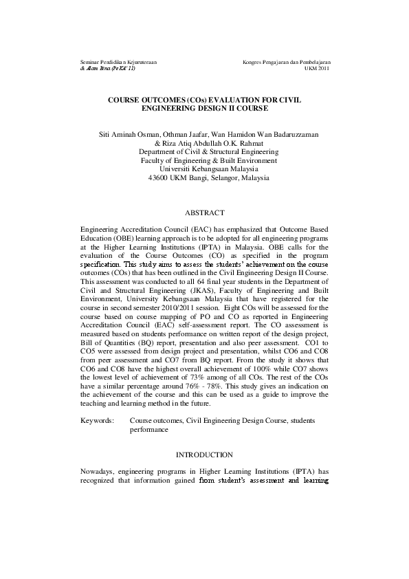 (PDF) COURSE OUTCOMES (COs) EVALUATION FOR CIVIL ENGINEERING DESIGN II COURSE