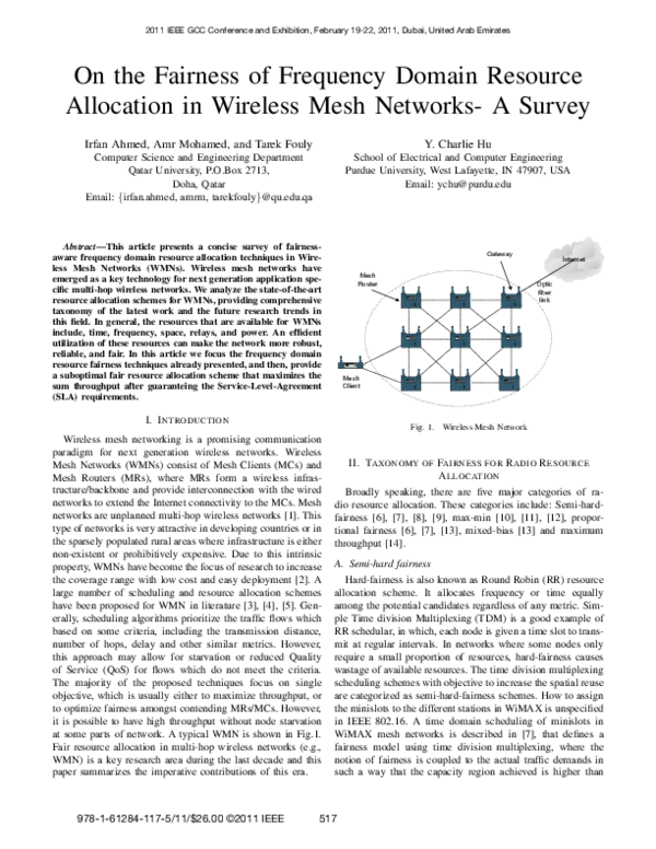 (PDF) On the fairness of frequency domain resource allocation in Wireless Mesh Networks—A survey
