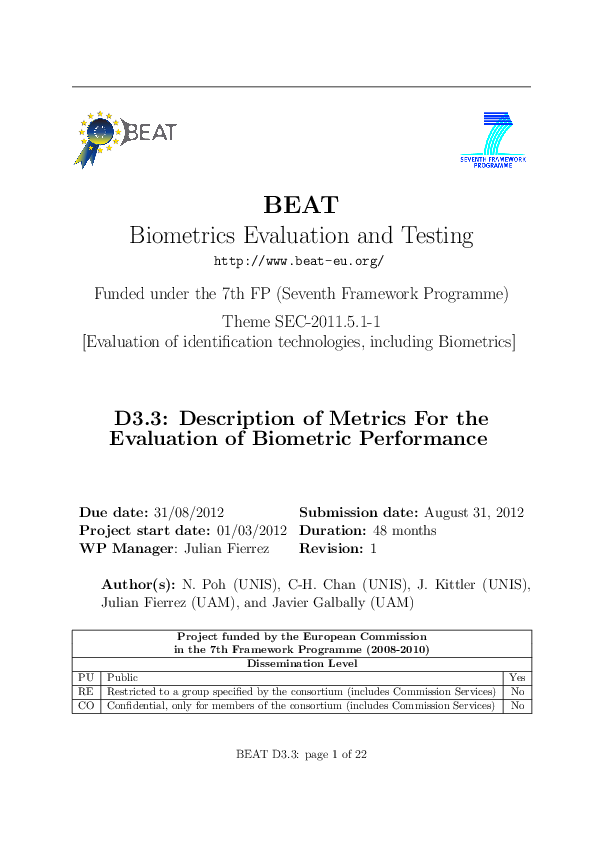 Pdf D3 3 Description Of Metrics For The Evaluation Of Biometric