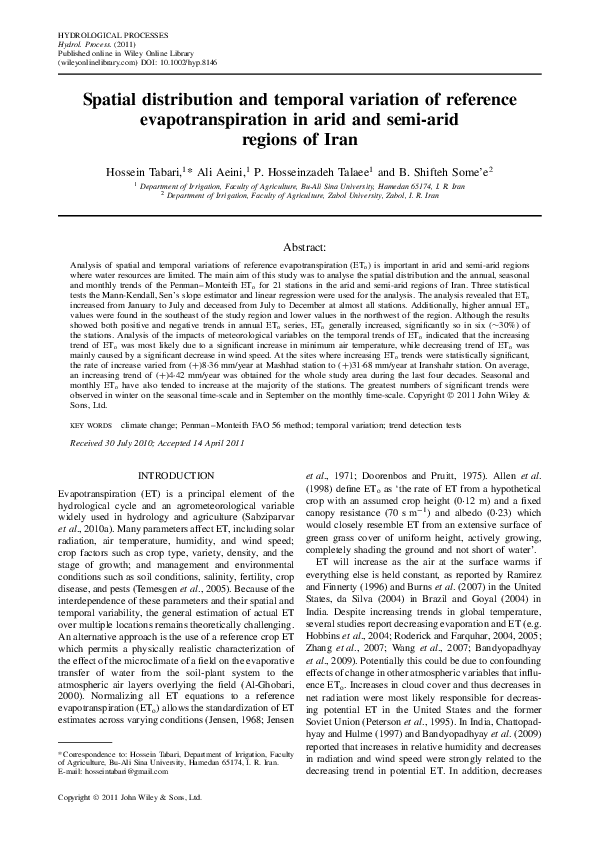 (PDF) Spatial distribution and temporal variation of reference evapotranspiration in arid and ...
