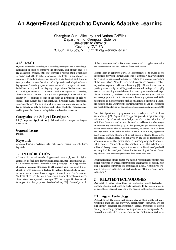 (PDF) An agent-based approach to dynamic adaptive learning