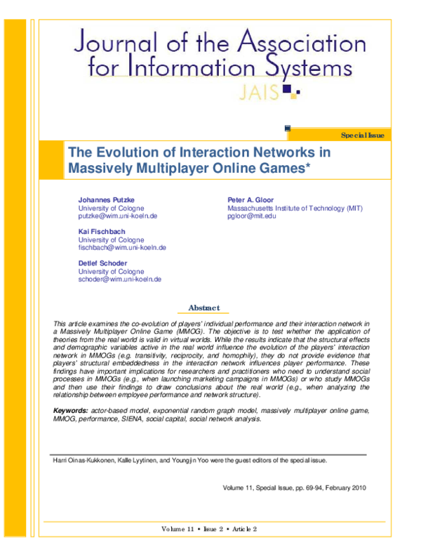 (PDF) The evolution of interaction networks in massively multiplayer online games