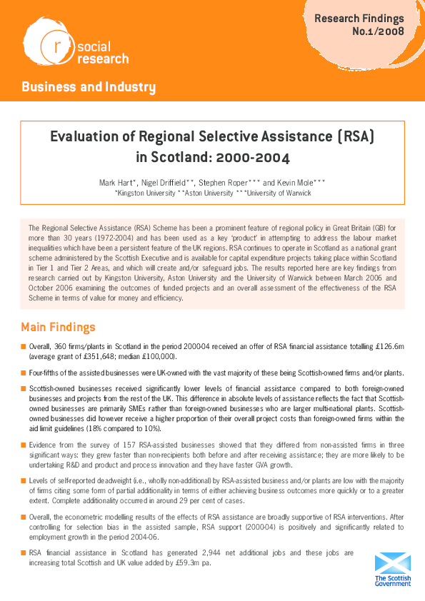 (PDF) Evaluation of Regional Selective Assistance (RSA) in Scotland ...