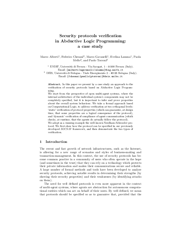 Pdf Security Protocols Verification In Abductive Logic Programming A