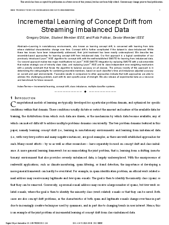 (PDF) Incremental Learning of Concept Drift from Streaming Imbalanced Data