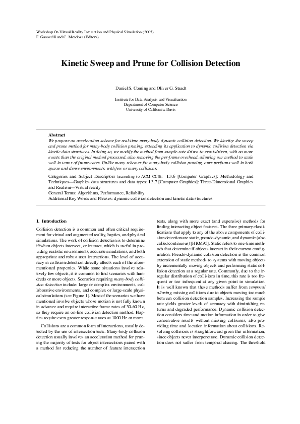 (PDF) Kinetic sweep and prune for collision detection