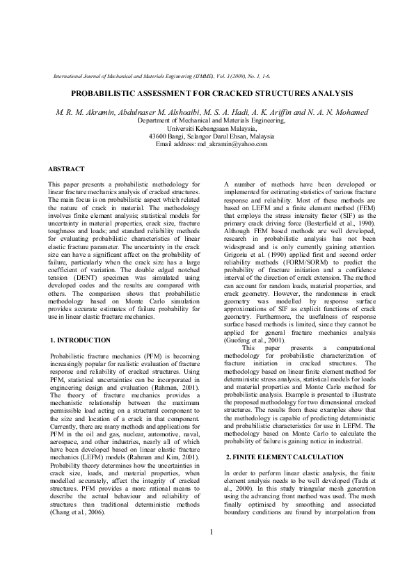 (PDF) PROBABILISTIC ASSESSMENT FOR USE IN CRACKED STRUCTURES ANALYSIS