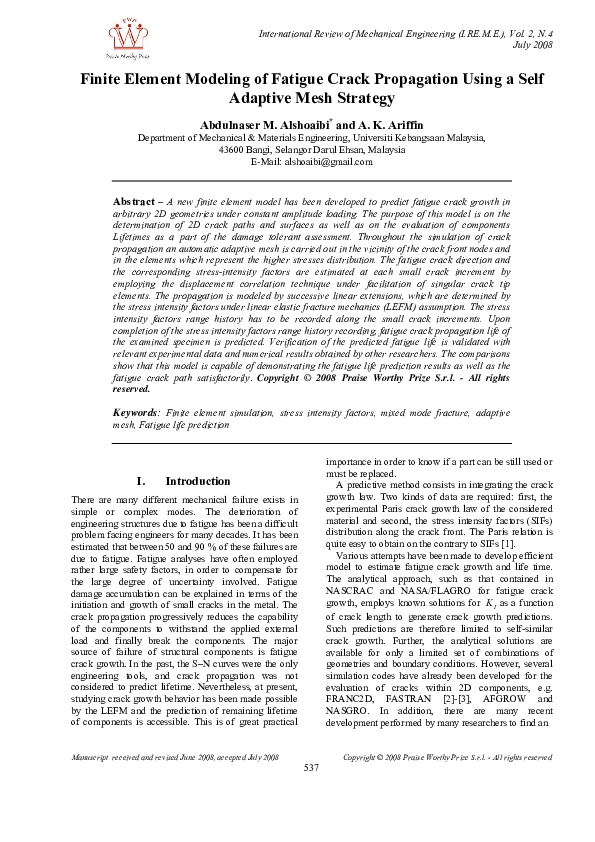 (PDF) Finite Element Modeling of Fatigue Crack Propagation Using a Self Adaptive Mesh Strategy