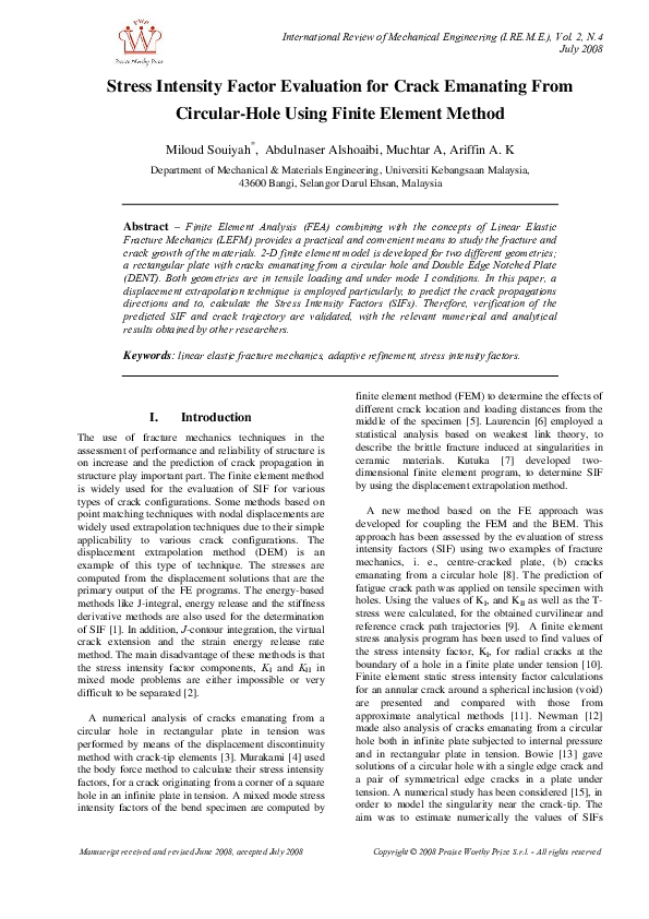 (PDF) Stress Intensity Factor Evaluation for Crack Emanating From Circular-Hole Using Finite ...