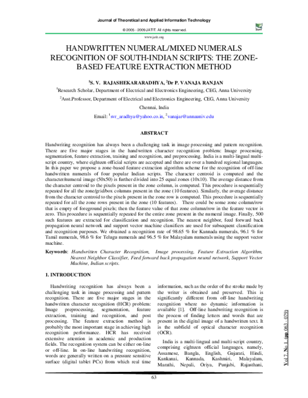 (PDF) HANDWRITTEN NUMERAL/MIXED NUMERALS RECOGNITION OF SOUTH-INDIAN SCRIPTS: THE ZONE BASED ...