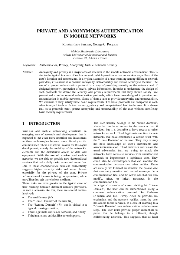 (PDF) PRIVATE AND ANONYMOUS AUTHENTICATION IN MOBILE NETWORKS