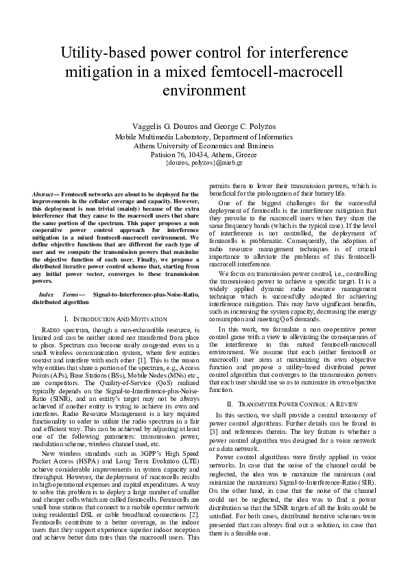 Pdf Utility Based Power Control For Interference Mitigation In A Mixed Femtocell Macrocell