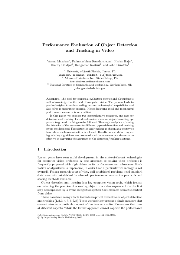 Pdf Performance Evaluation Of Object Detection And Tracking In Video