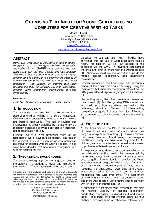 (PDF) Optimising text input for young children using computers for ...