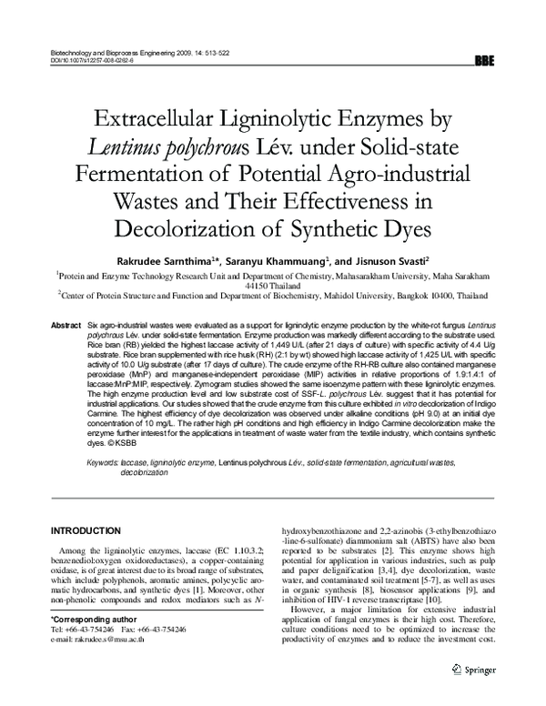 (PDF) Extracellular ligninolytic enzymes by Lentinus polychrous Lév ...