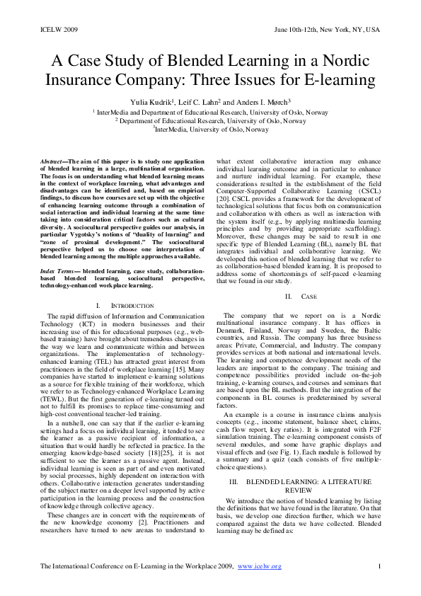(PDF) A case study of blended learning in a Nordic insurance company: Three issues for e-learning